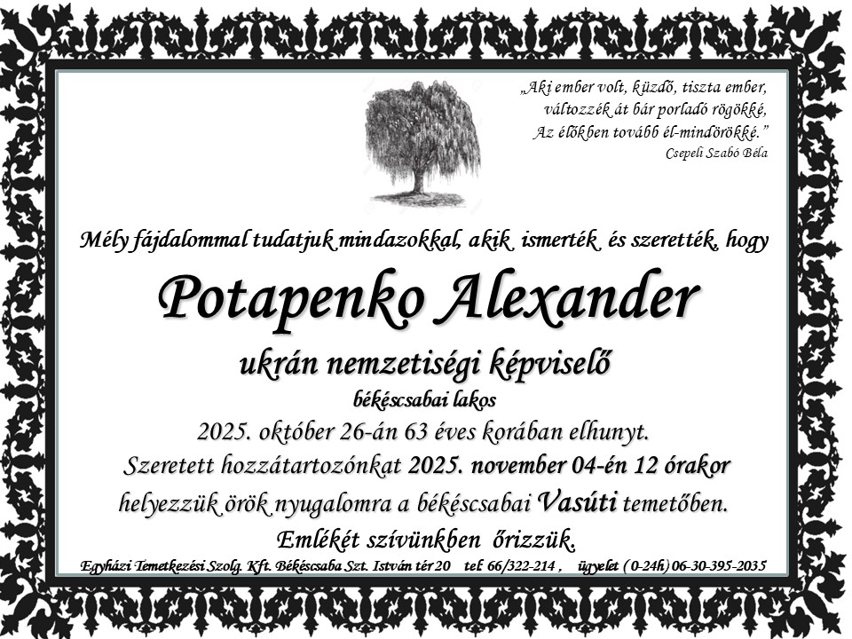 Elhunytak - Egyházi Temetkezés Békéscsaba